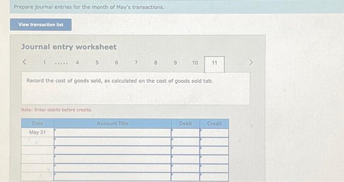 Prepare journal entries for the month of May's | Chegg.com