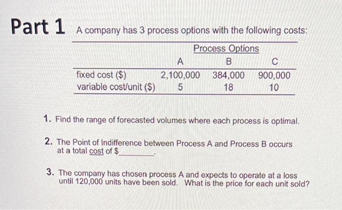 Solved Part 1 A Company Has 3 Process Options With The
