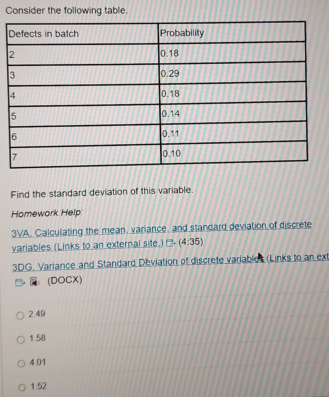 Solved Consider the following table.\table[[Defects in | Chegg.com