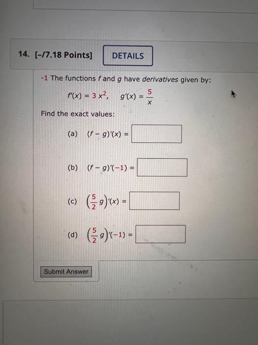 Solved −1 The functions f and g have derivatives given by: | Chegg.com