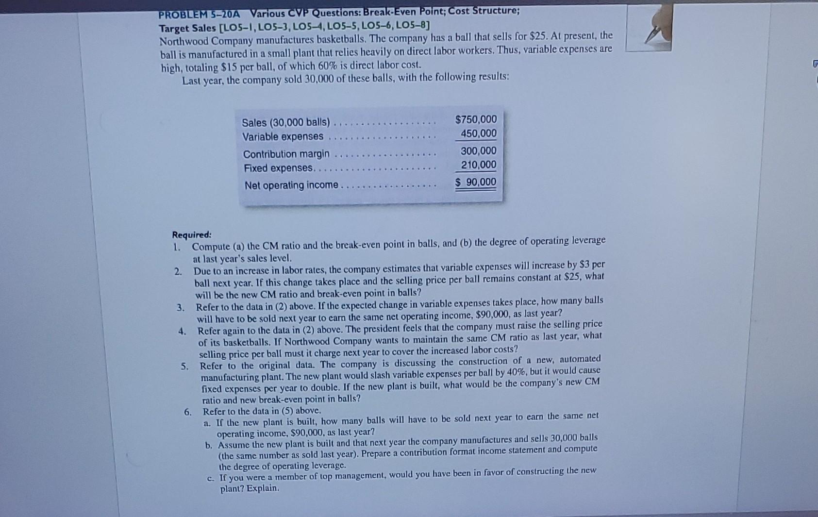 Solved PROBLEM 5-20A Various CVP Questions: Break-Even | Chegg.com