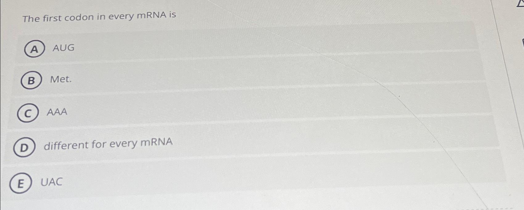 Solved The first codon in every mRNA isA∪GMet.AAAdifferent | Chegg.com