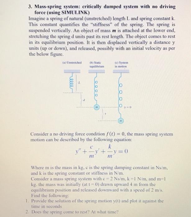 Solved 3. Mass-spring system: critically damped system with | Chegg.com