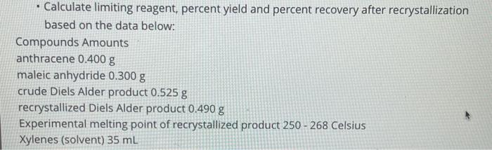 Solved - Calculate limiting reagent, percent yield and | Chegg.com