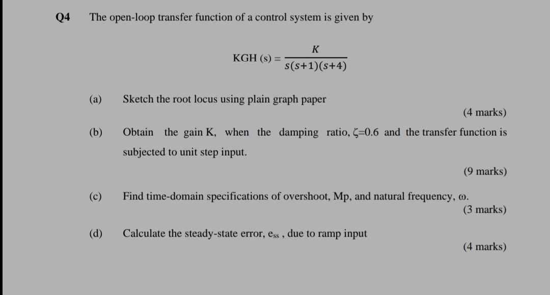 Solved Q4 The open-loop transfer function of a control | Chegg.com