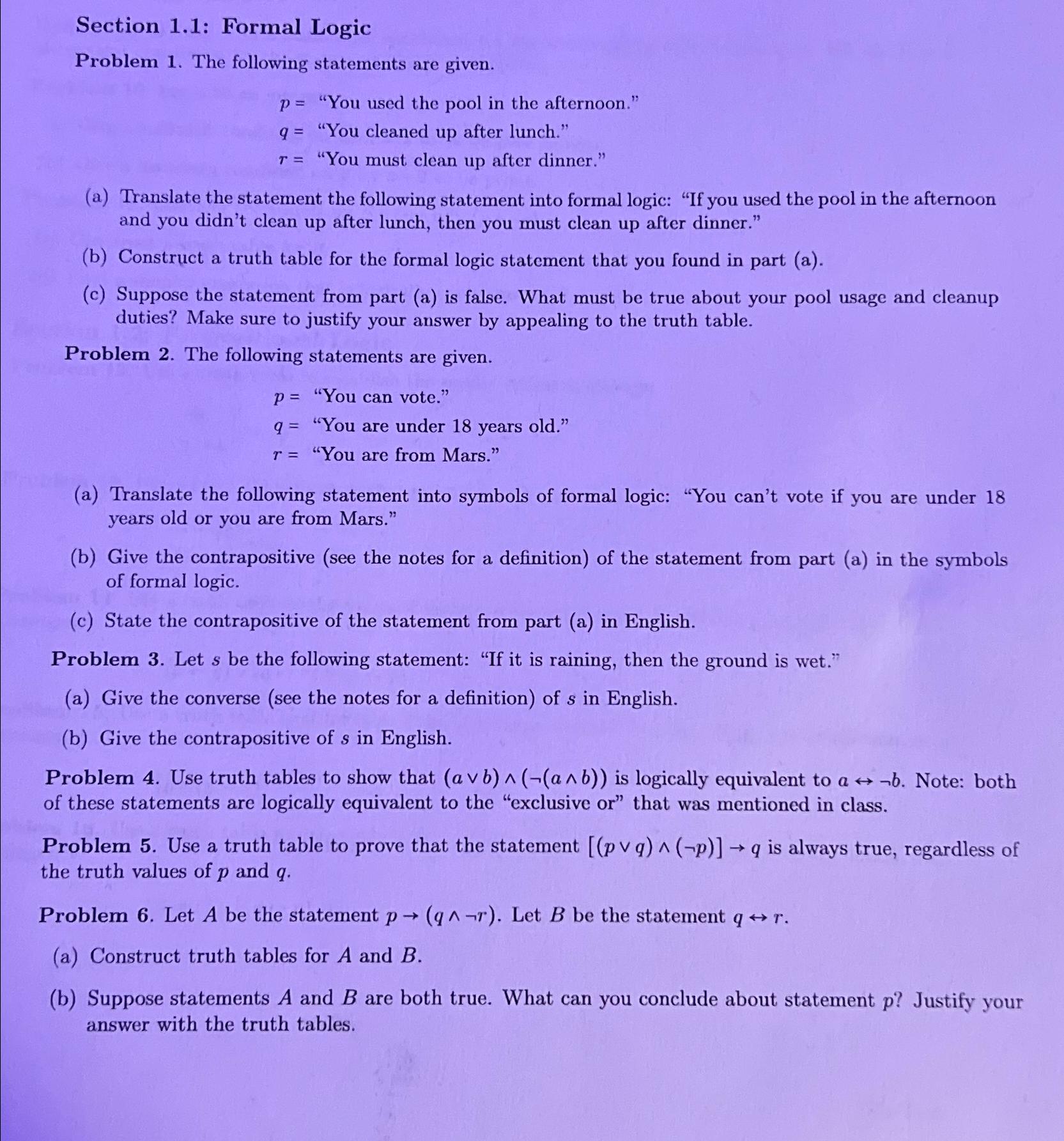Solved Section 1.1: Formal LogicProblem 1. ﻿The following | Chegg.com