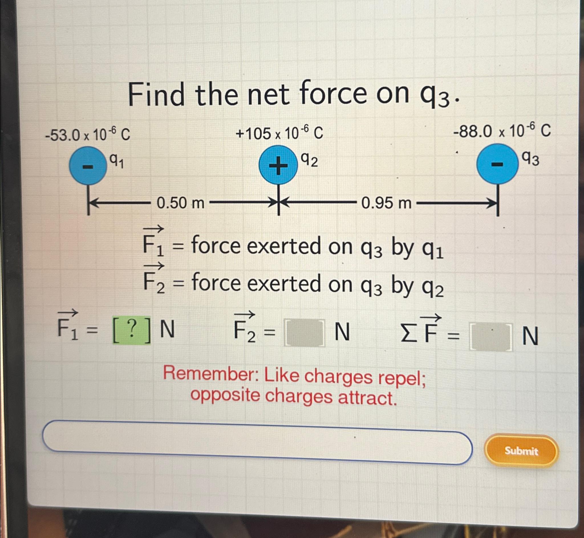 Solved Find the net force on q3.vec(F1)= ﻿force exerted on | Chegg.com