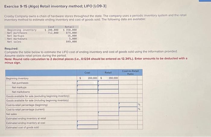 Solved Exercise 9-15 (Algo) Retail inventory method; LIFO | Chegg.com