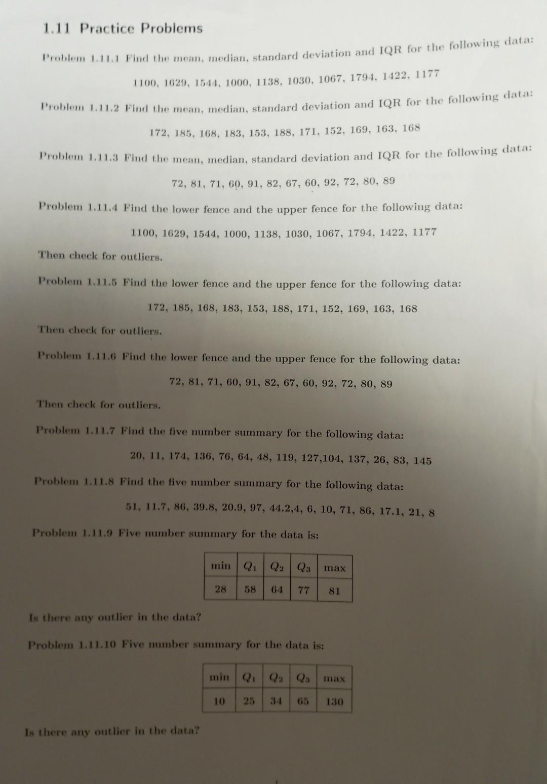 Solved 1.11 Practice Problems Problem 1.11.1 Find the mean, | Chegg.com