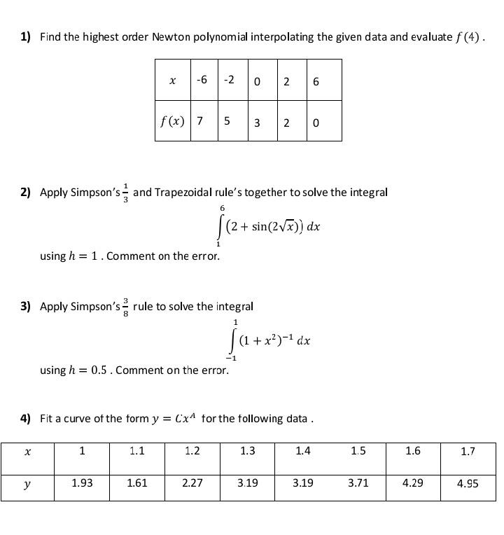 Solved 1) Find the highest order Newton polynomial | Chegg.com