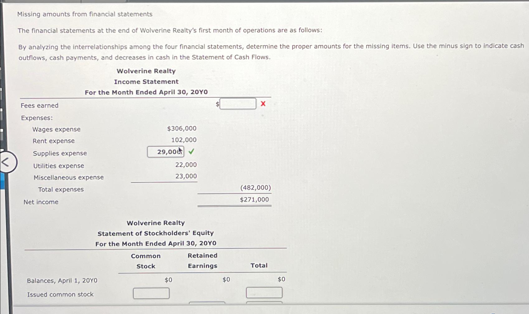 Solved Missing amounts from financial statementsThe | Chegg.com