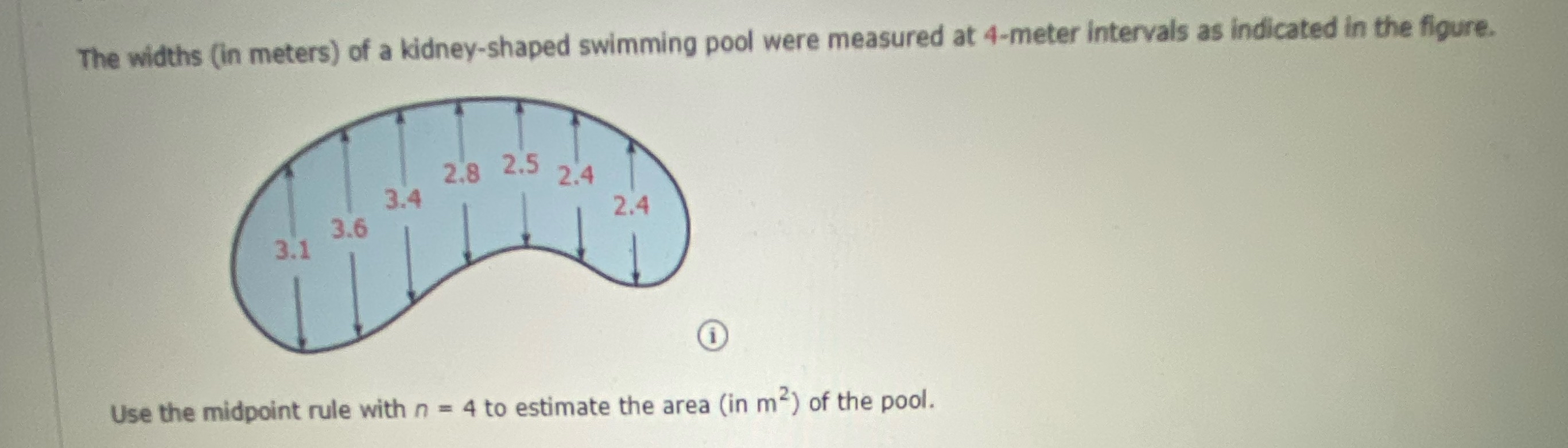 Solved The widths (in meters) ﻿of a kidney-shaped swimming | Chegg.com