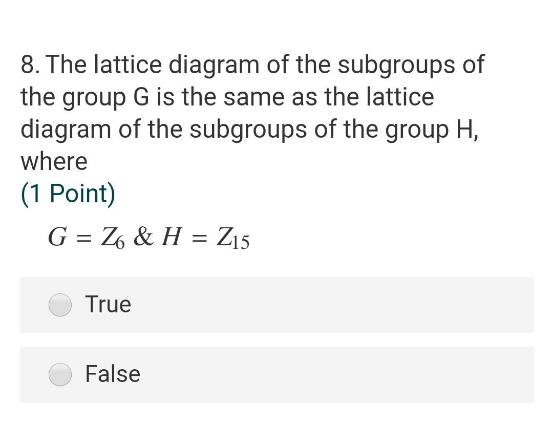Solved 8. The lattice diagram of the subgroups of the group | Chegg.com