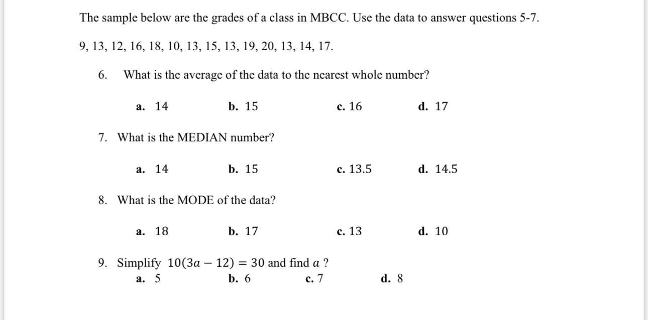 Solved The sample below are the grades of a class in MBCC. | Chegg.com