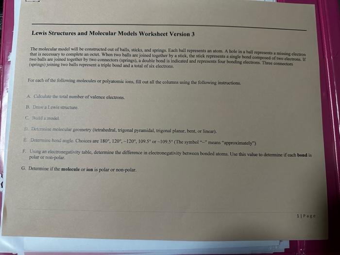 Lewis Structures and Molecular Models Worksheet | Chegg.com
