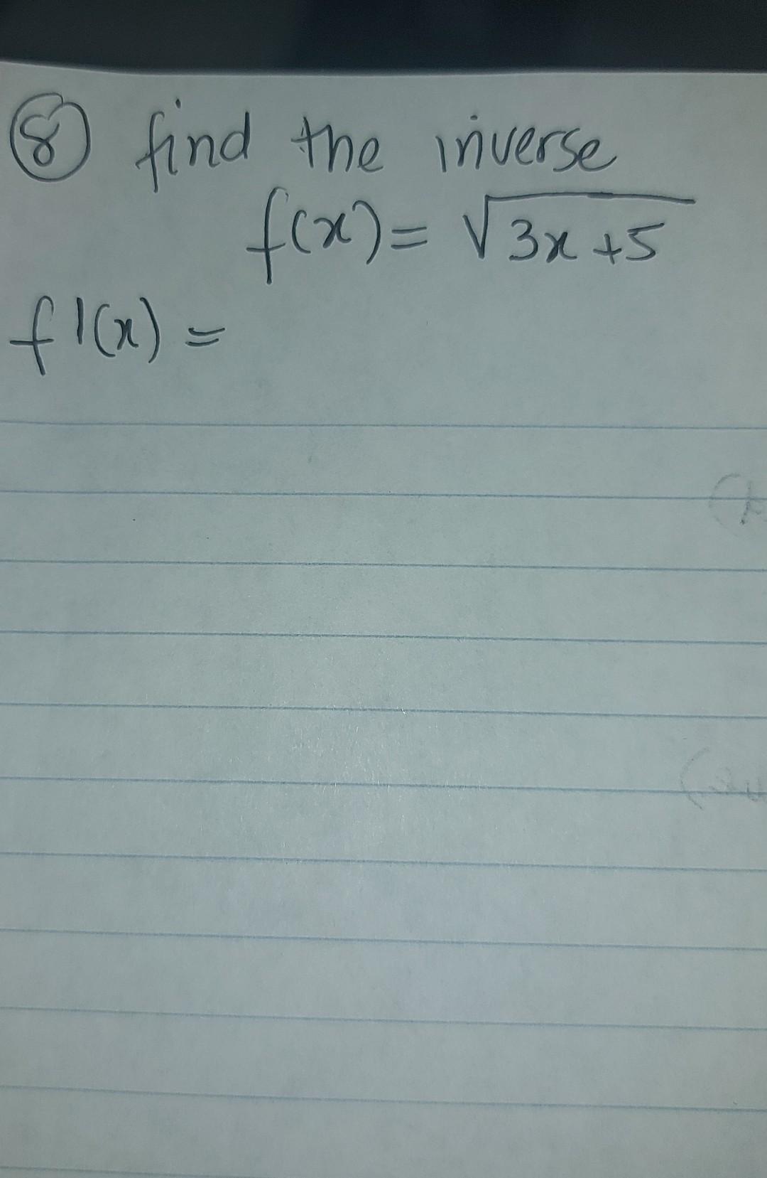 Solved (8) find the inverse f(x)=f(x)=3x+5 | Chegg.com Solved (8) find the inverse f(x)=f(x)=3x+5 | Chegg.com