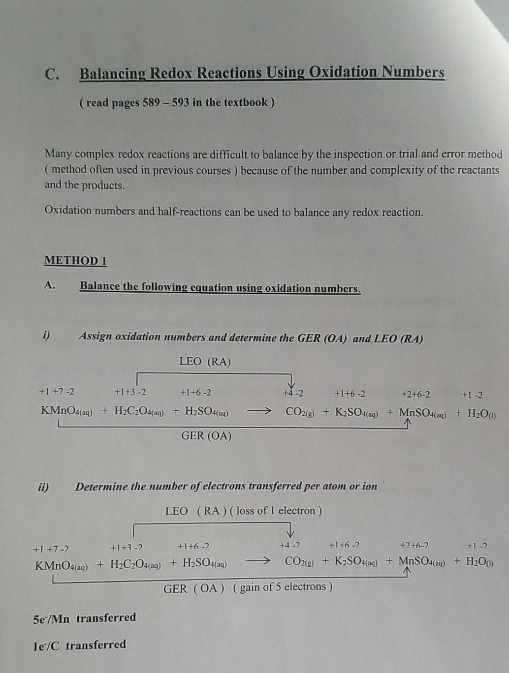 Solved C. Balancing Redox Reactions Using Oxidation Numbers | Chegg.com
