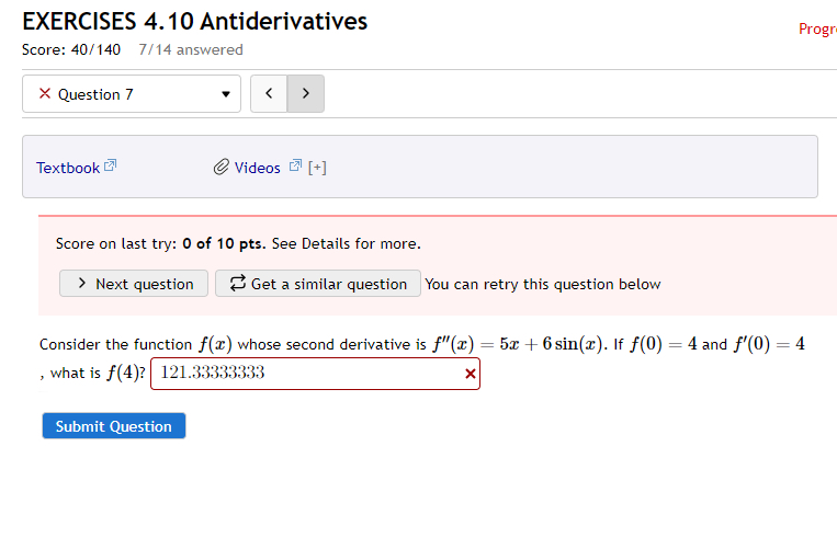 Solved EXERCISES 4.10 ﻿AntiderivativesScore: 401407/14 | Chegg.com
