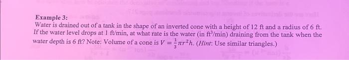 Solved Example 3: Water is drained out of a tank in the | Chegg.com