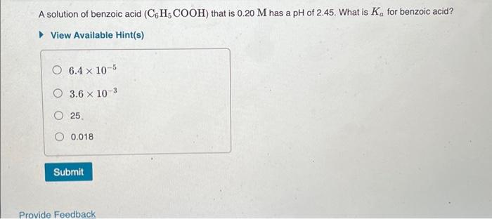 Solved A solution of benzoic acid (C6H5COOH) that is 0.20M | Chegg.com