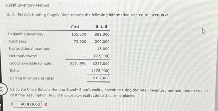 Solved Retail Inventory Method Uncle Butch's Hunting Supply | Chegg.com