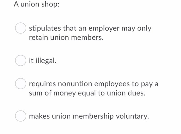 Solved A union shop: stipulates that an employer may only | Chegg.com