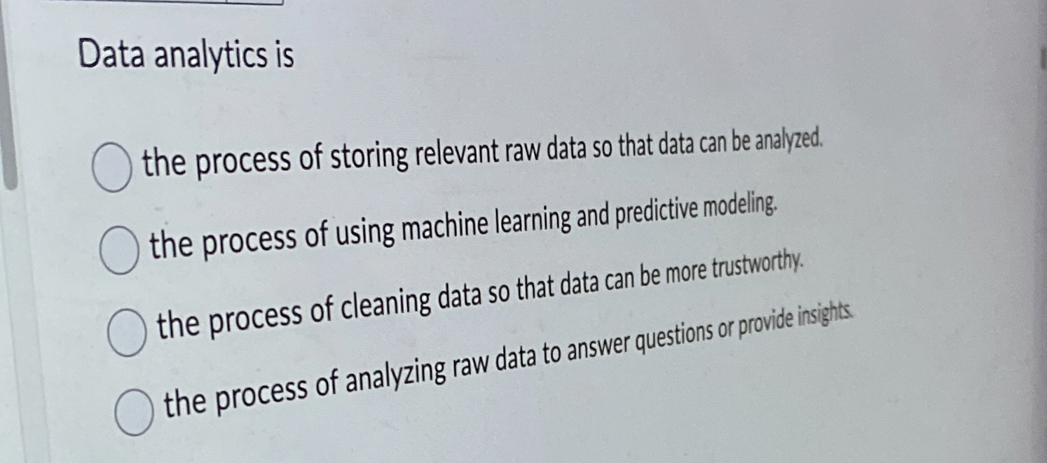Solved Data analytics isthe process of storing relevant raw | Chegg.com