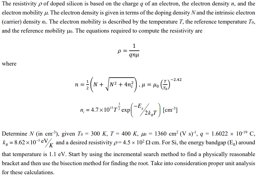 Solved The resistivity ρ ﻿of doped silicon is based on the | Chegg.com