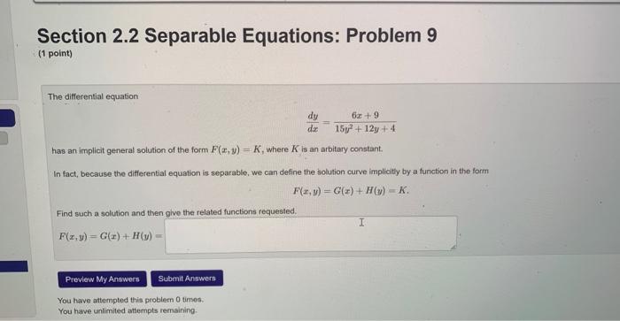 Solved Section 2 2 Separable Equations Problem 9 1 Point