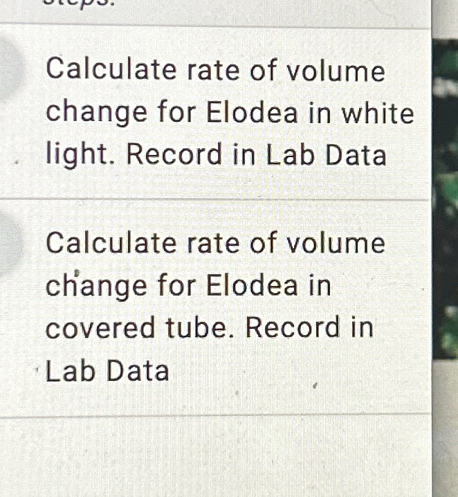 Solved Calculate rate of volume change for Elodea in white | Chegg.com