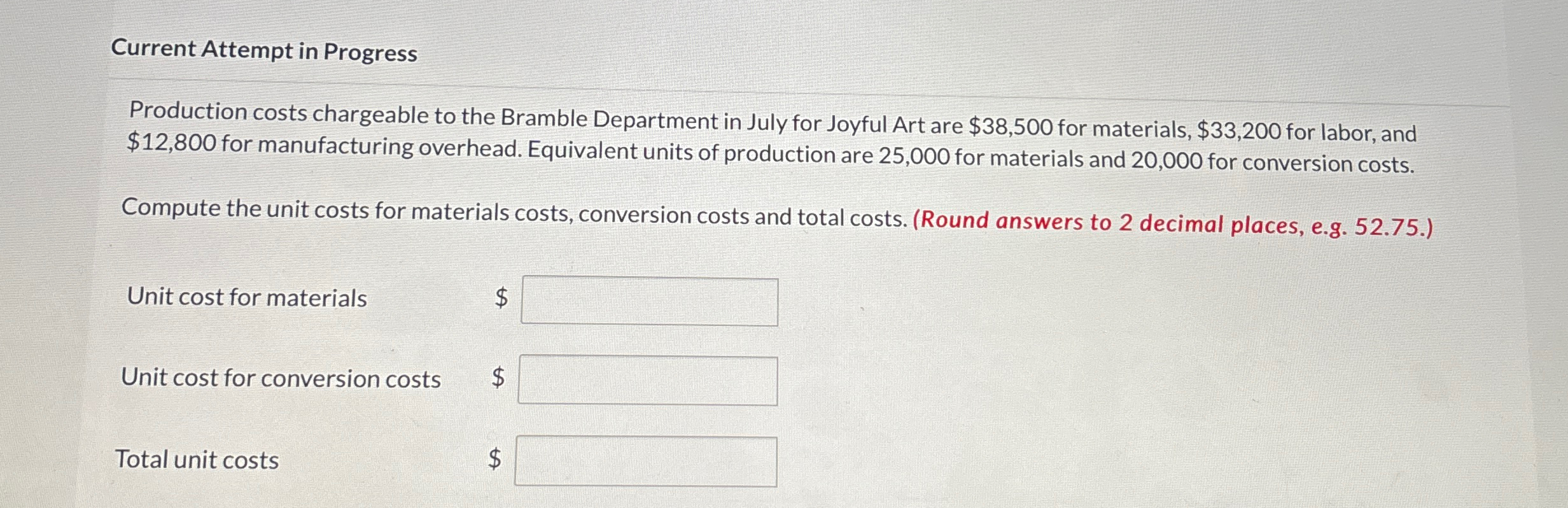 Solved Current Attempt in ProgressProduction costs | Chegg.com