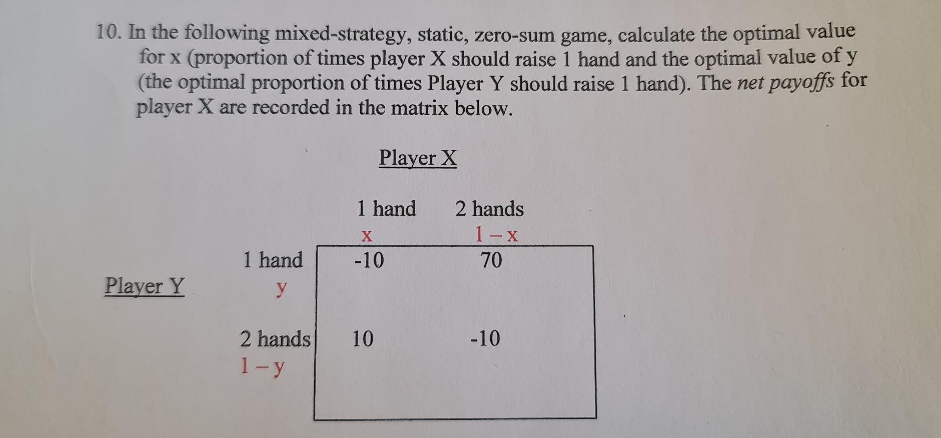 Solved 10. In the following mixed-strategy, static, zero-sum | Chegg.com
