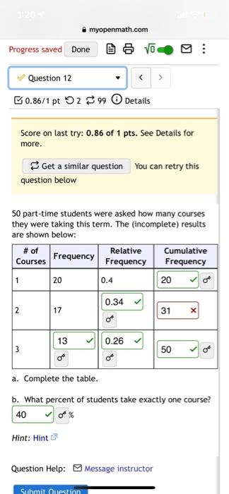 Solved 20 myopenmath.com Progress saved Done 6 vo Question | Chegg.com