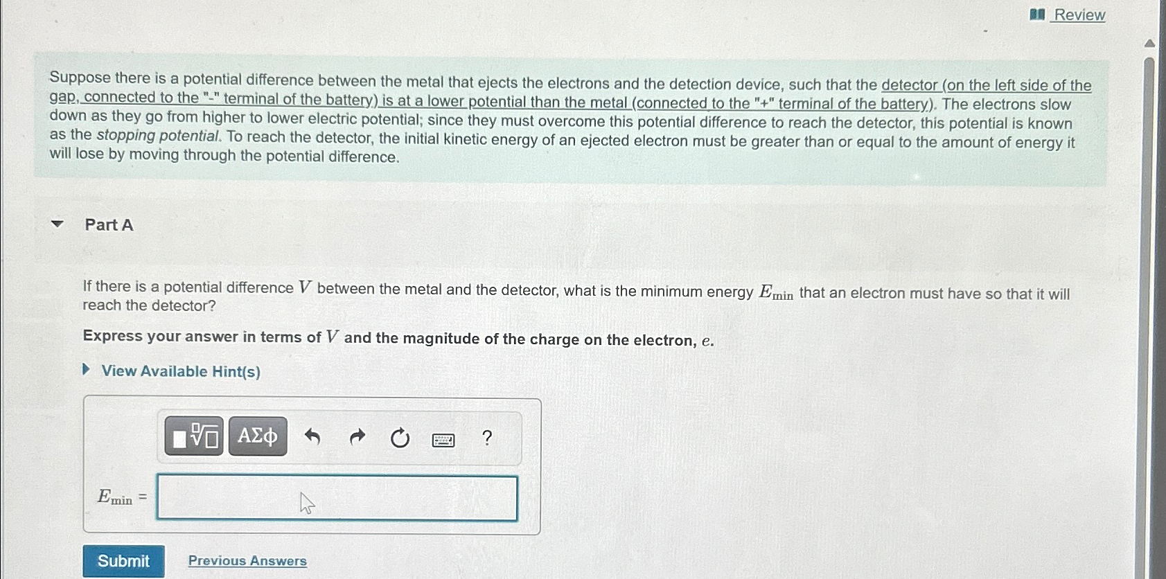 Solved ReviewSuppose there is a potential difference between | Chegg.com