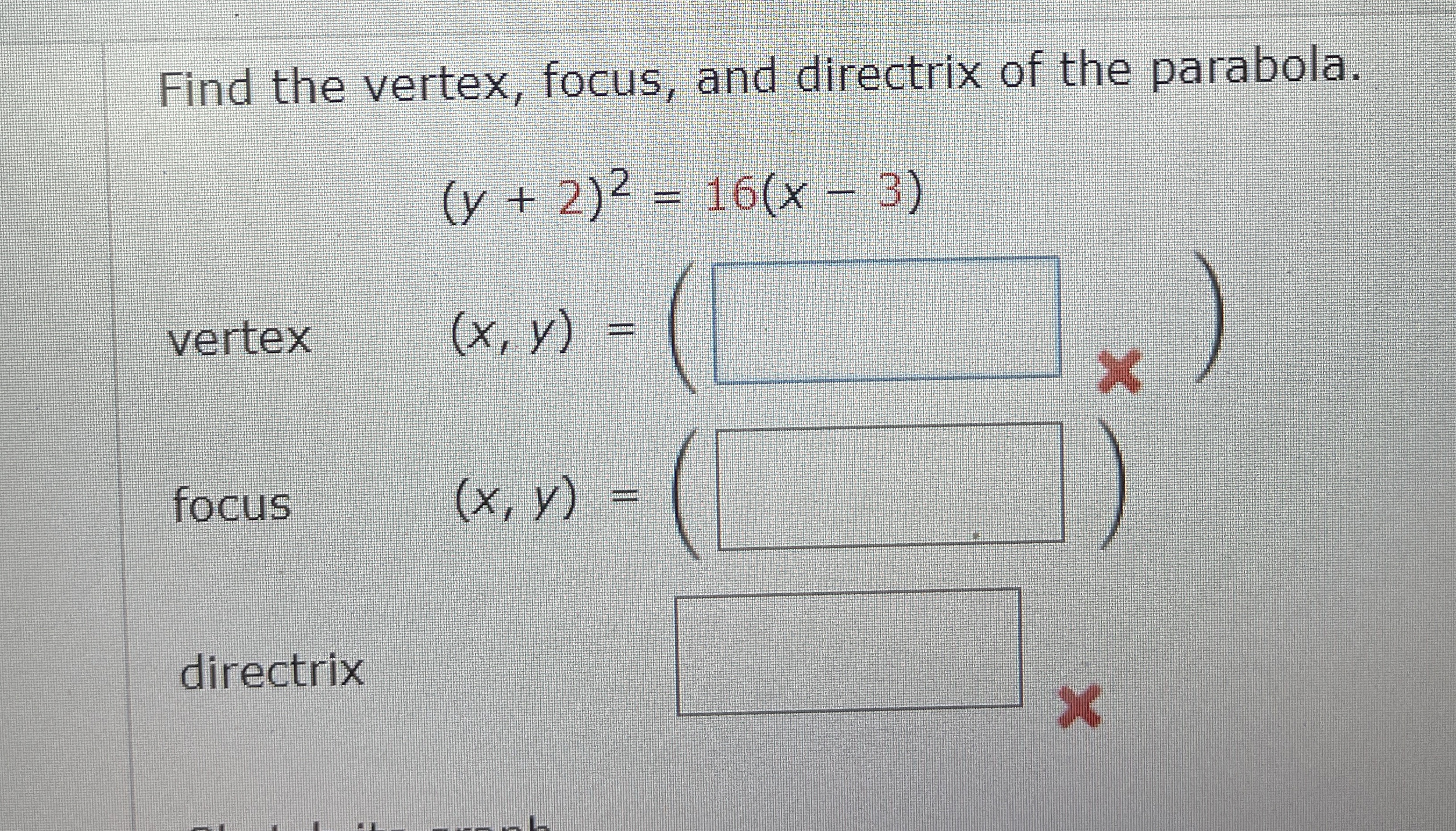 Solved Find the vertex, focus, and directrix of the | Chegg.com