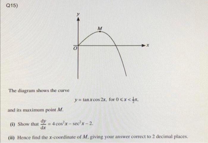 Solved Q15) M The diagram shows the curve y=tanxcos 2x, for | Chegg.com