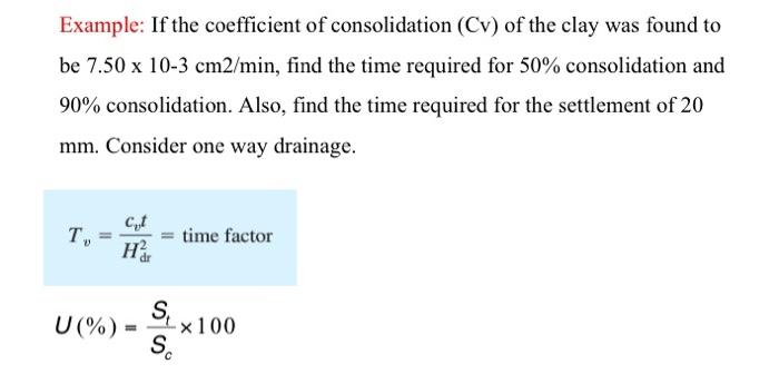 Solved Example: If the coefficient of consolidation (Cv) of | Chegg.com
