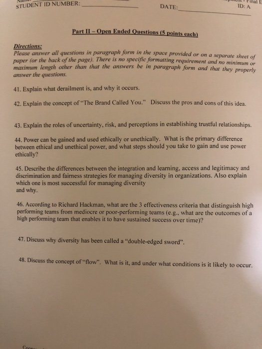 II - Final STUDENT ID NUMBER: DATE: ID: A Part II - | Chegg.com