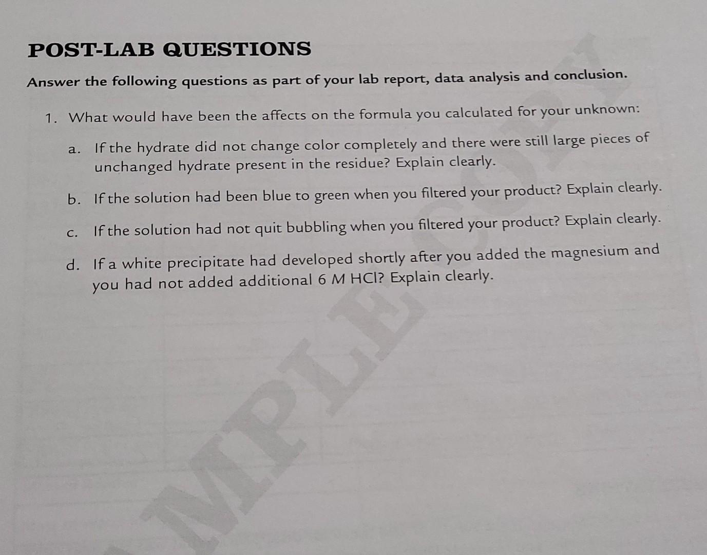 Solved POST-LAB QUESTIONS Answer the following questions as | Chegg.com