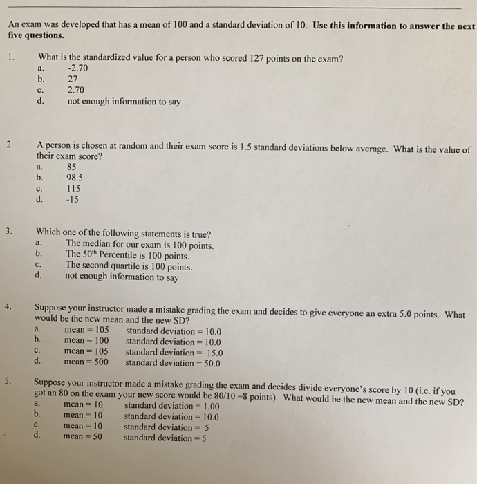 Solved An exam was developed that has a mean of 100 and a | Chegg.com