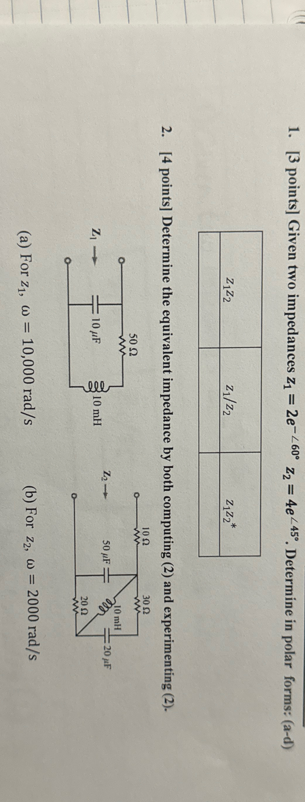 Solved [3 ﻿points] ﻿Given two impedances | Chegg.com