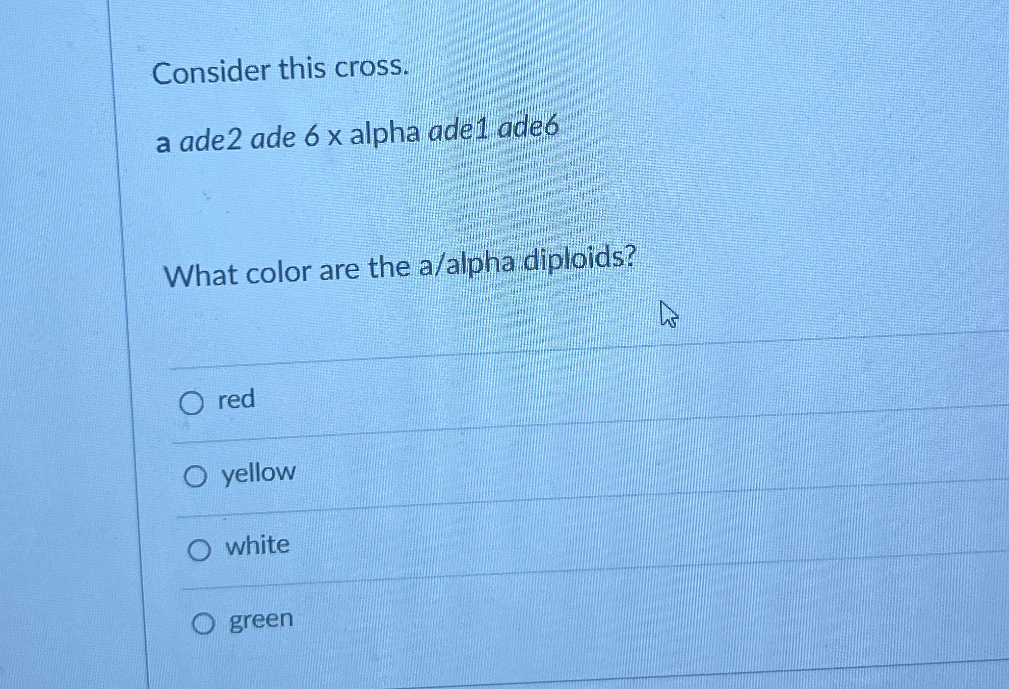 Solved Consider this cross. a ade 2 ﻿ade 6× ﻿alpha ade 1 | Chegg.com