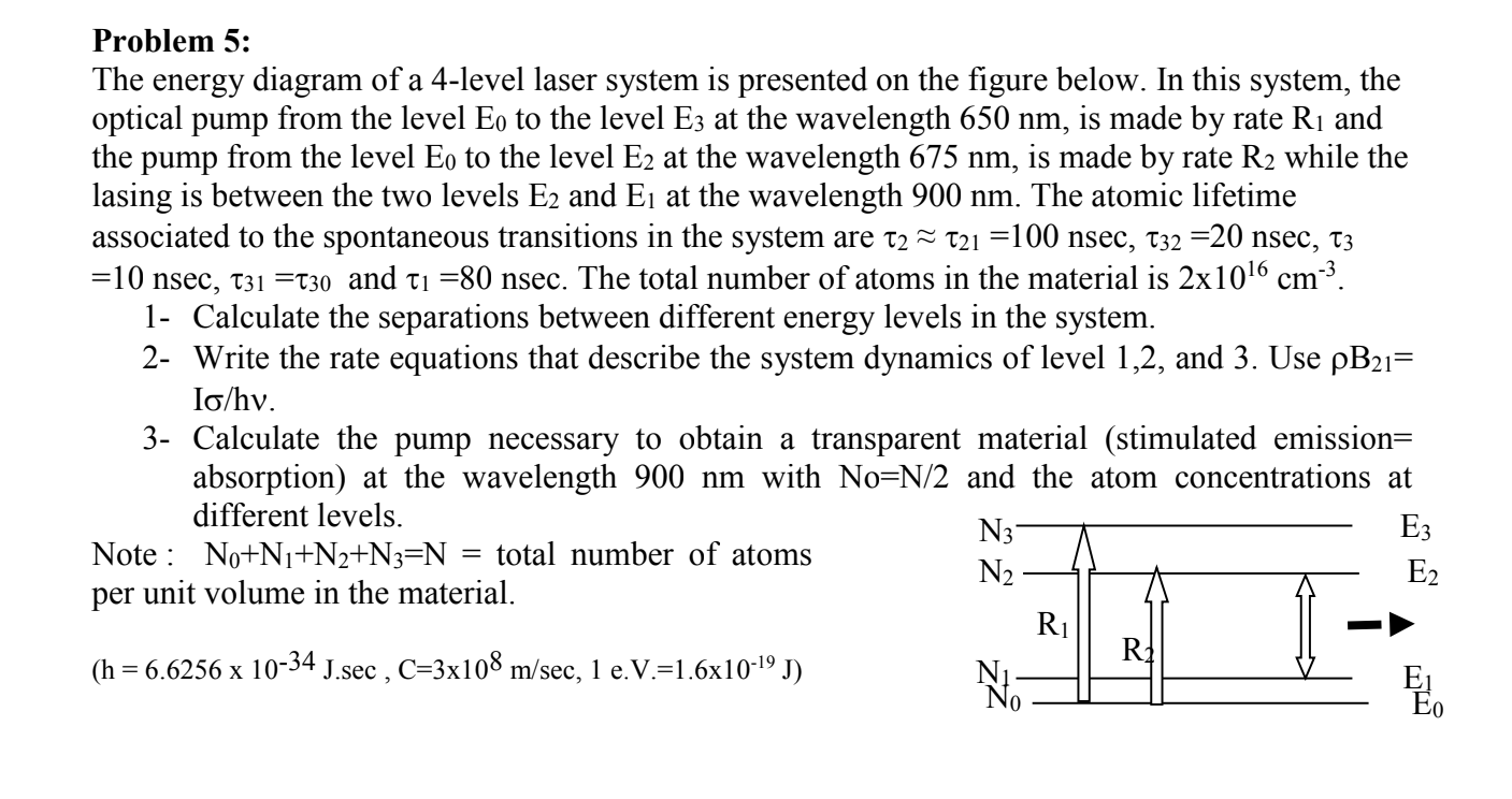 [Solved]: Problem 5: The energy diagram of a 4-level laser s