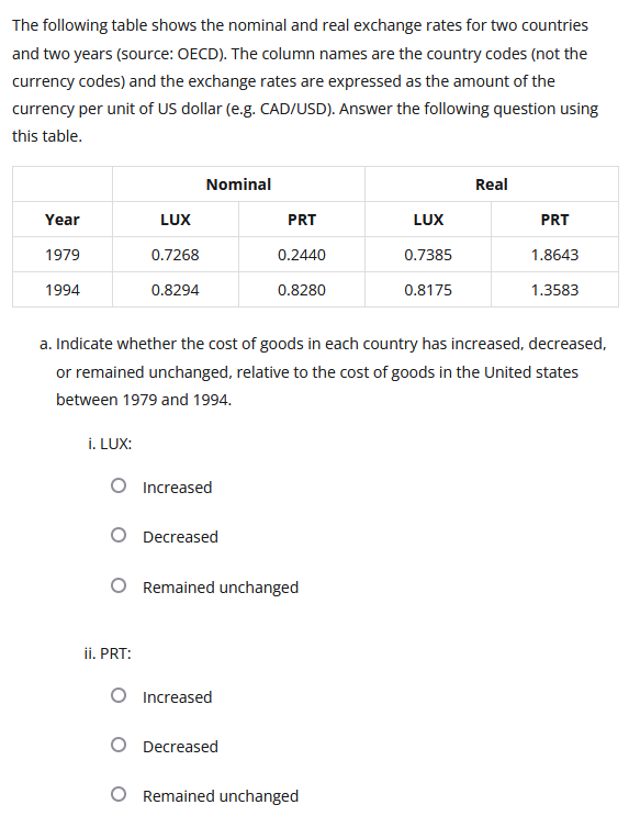 Solved The following table shows the nominal and real | Chegg.com