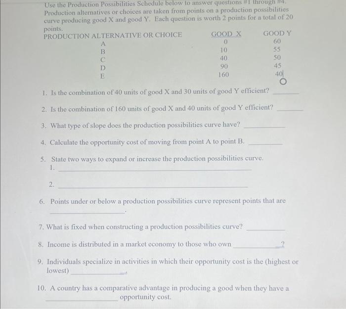 Solved Use the Production Possibilities Schedule below to | Chegg.com