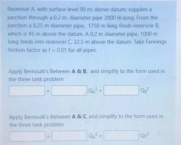 Solved Reservoir A, with surface level 90 m; above datum; | Chegg.com