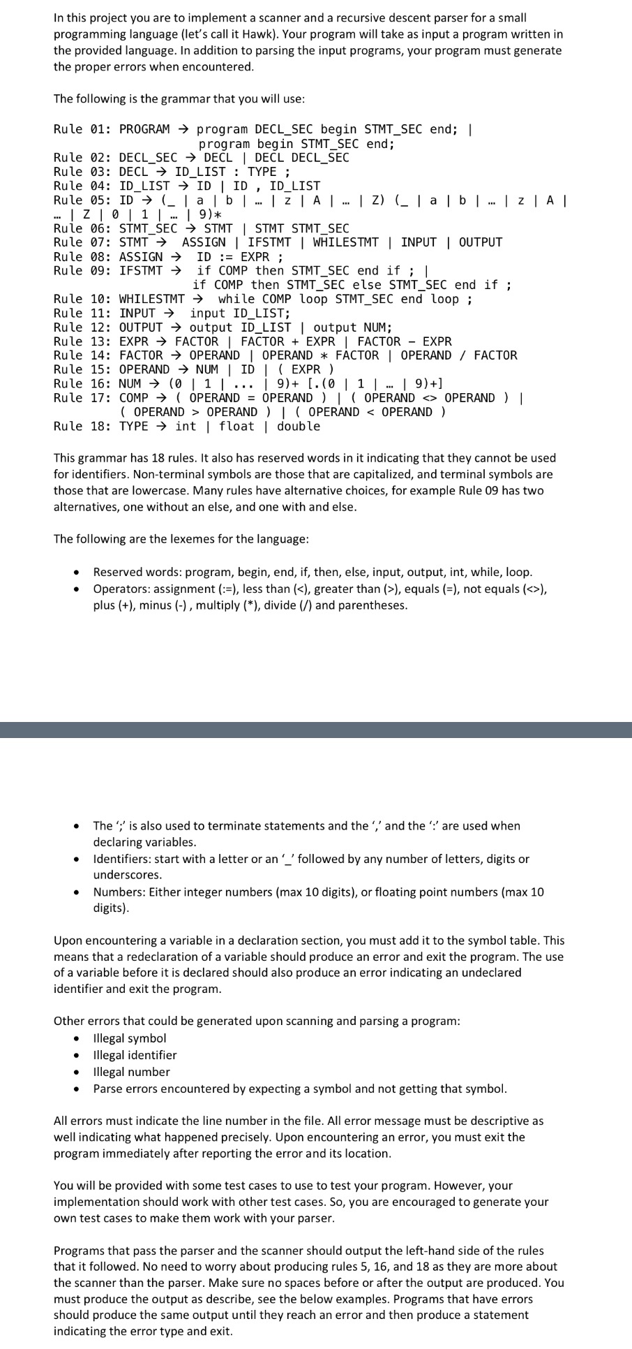 Solved In this project you are to implement a scanner and a | Chegg.com