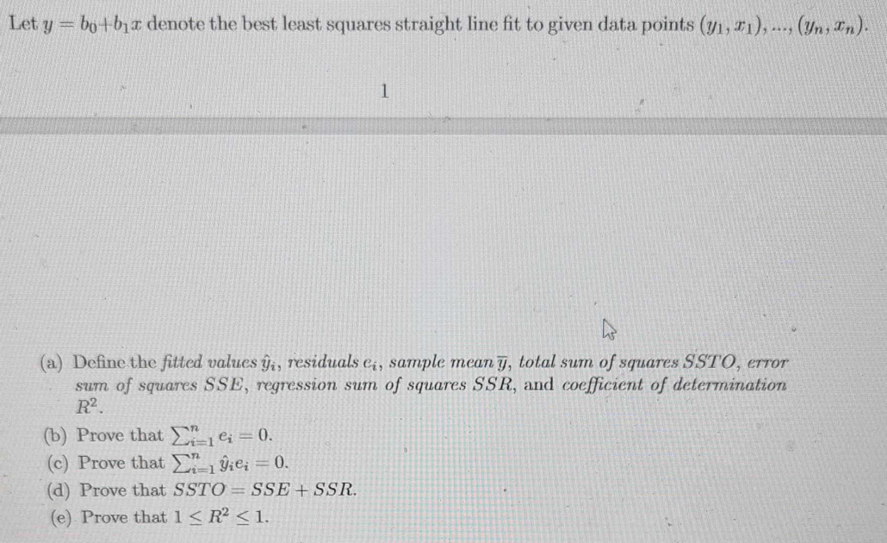 Solved Let y=b0+b1x denote the best least squares straight | Chegg.com