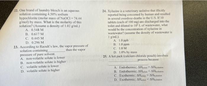 Solved 22. One brand of laundry blench is an aqueous 24. | Chegg.com