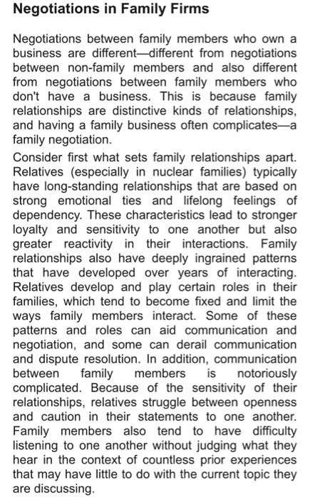 Solved Negotiations in Family Firms Negotiations between | Chegg.com
